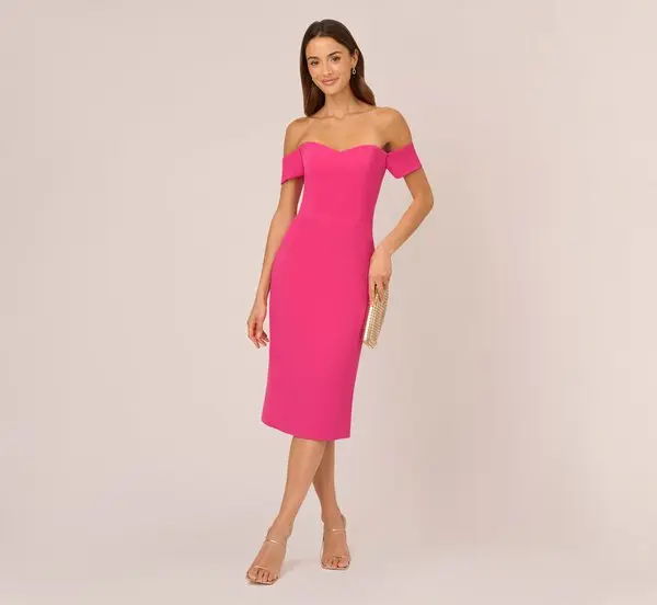 Adrianna Papell Off The Shoulder Midi Dress With Sweetheart Neckline - Brilliant Fuchsia