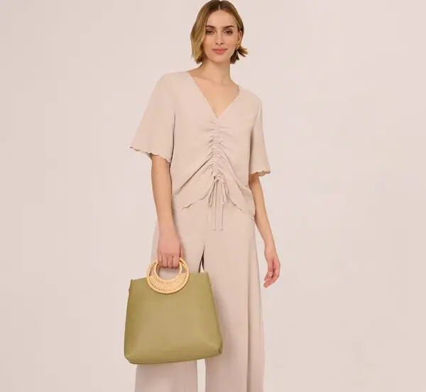 Adrianna Papell Embroidered Airflow Top And Wide Leg Pant Set - Pebble