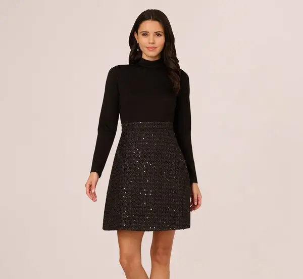 Adrianna Papell Long Sleeve Sequin Tweed Short Combo Dress - Black