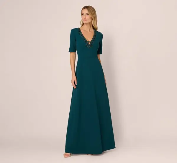 Adrianna Papell Short Sleeve Beaded Keyhole Maxi Gown