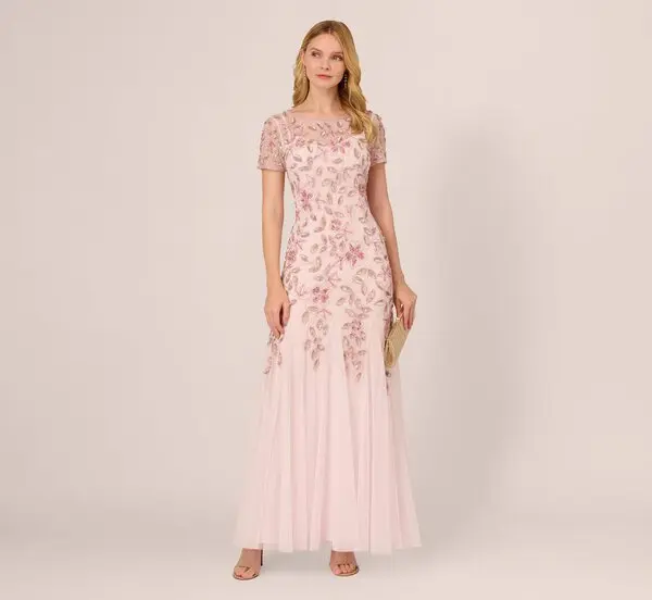 Adrianna Papell Hand Beaded Short Sleeve Floral Godet Gown - Blush Pink