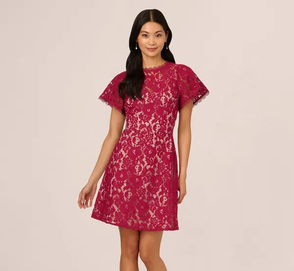 Adrianna Papell Short Sleeve Lace Illusion Short Dress - Light Wine