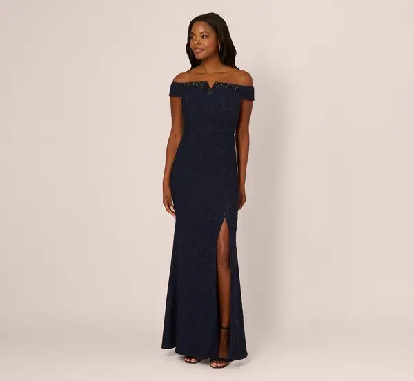 Adrianna Papell Beaded Off-the-shoulder Glitter Tweed Gown