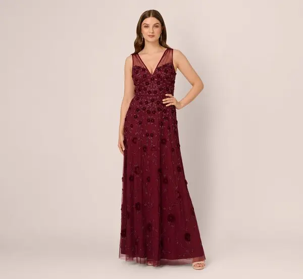 Adrianna Papell Velvet Floral Beaded Gown With Sheer Tank Straps - Mahogany