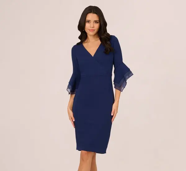 Adrianna Papell Three Quarter Bell Sleeve Sheath Midi Dress - Navy Sateen