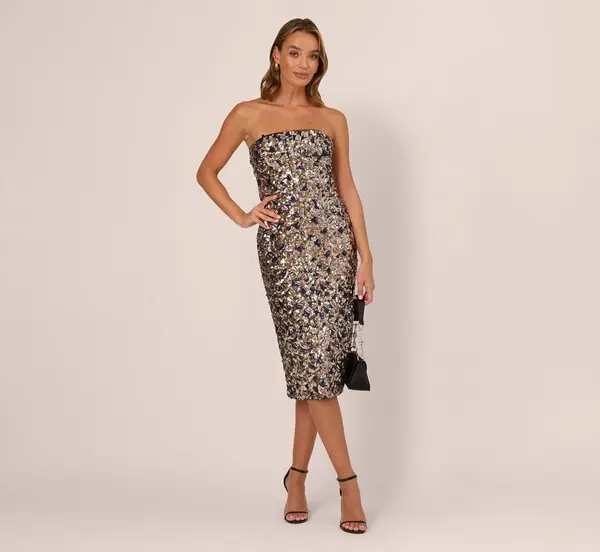 Adrianna Papell Strapless Sequin Sheath Midi Dress