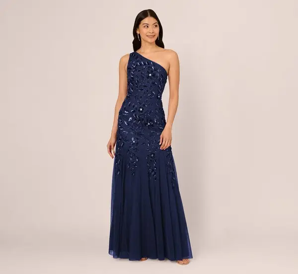 Adrianna Papell Floral Beaded One Shoulder Mermaid Gown With Godet Skirt - Light Navy