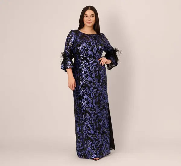 Adrianna Papell Sequin Embroidered Gown In Black Blue - Black/blue