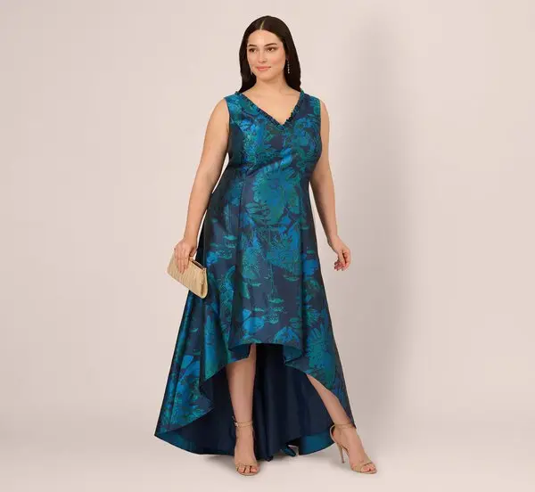 Adrianna Papell Ruffle Floral Jacquard High Low Gown