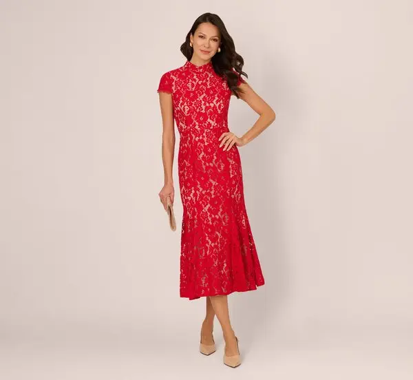 Adrianna Papell Cap Sleeve Lace Midi Dress In Red Nude - Red/nude