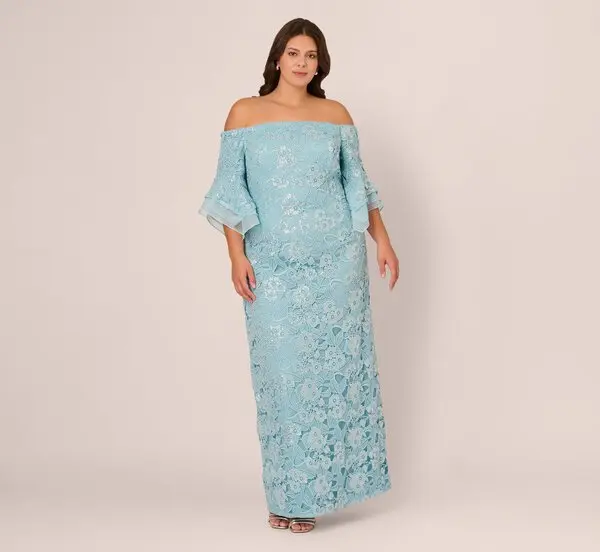 Adrianna Papell Off Shoulder Bell Sleeve Sequin Lace Gown - Airy Aqua