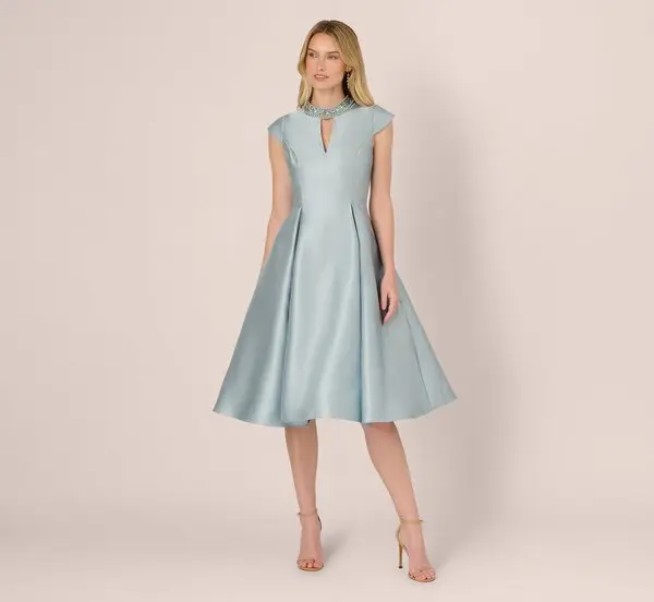 Adrianna Papell Key Hole Mikado Cap Sleeve Midi Dress - Aqua Dust
