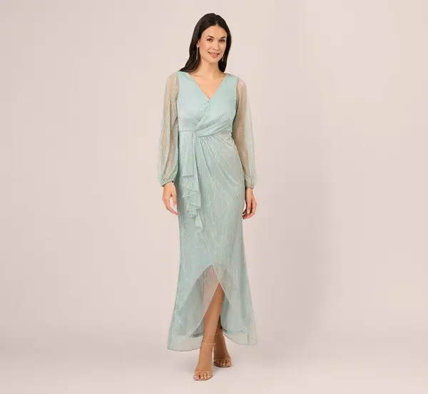 Adrianna Papell Crinkle Metallic Gown With Sheer Bishop Sleeves And Draped Details - Mint Smoke