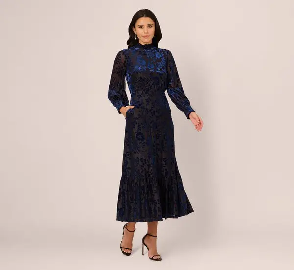 Adrianna Papell Long Sleeve Floral Velvet Burnout Midi Dress - Light Navy