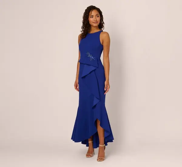 Adrianna Papell Bead Accent Crepe Halter Gown - Royal Sapphire