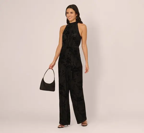 Adrianna Papell Floral Burnout Velvet Halter Jumpsuit - Black