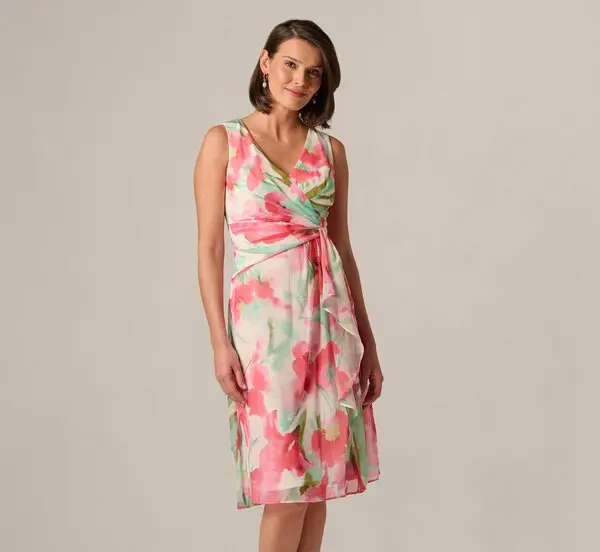 Adrianna Papell Sleeveless Draped Floral Chiffon Midi Sheath Dress In Coral Green Multi - Coral/green Multi