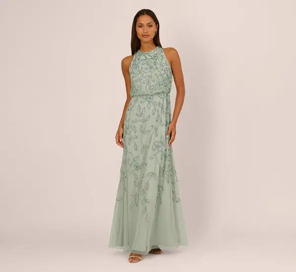 Adrianna Papell Sleeveless Blouson Mermaid Gown With Jasmine Beading - Aqua Dust