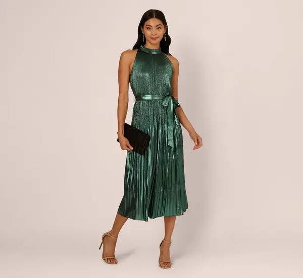 Adrianna Papell Halter Pleated Metallic Dress In Green Black - Green/black