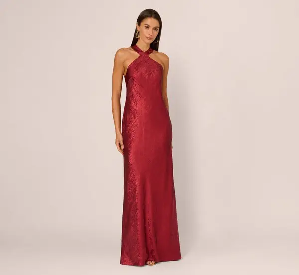 Adrianna Papell Foiled Mermaid Gown With Halter Neckline - Wine