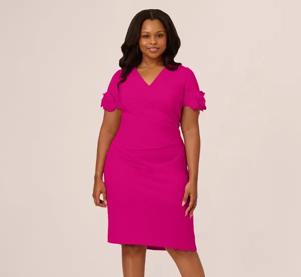 Adrianna Papell Crepe Faux Wrap Sheath Dress With Floral Accent Short Sleeves - Pink Flambe