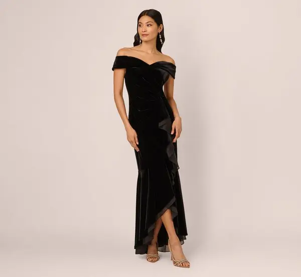Adrianna Papell Off The Shoulder Velvet Mermaid Gown With Organza Ruffle - Black