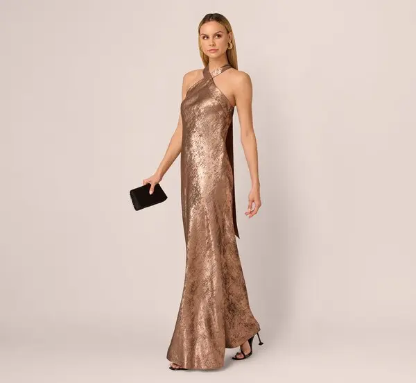 Adrianna Papell Foiled Mermaid Gown With Halter Neckline - Mocha