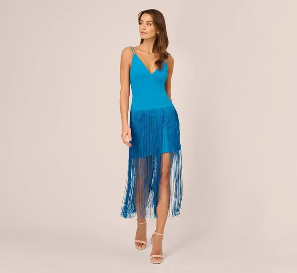Adrianna Papell Crepe Fringe Dress With Double Spaghetti Straps And V Back - Deep Cerulean
