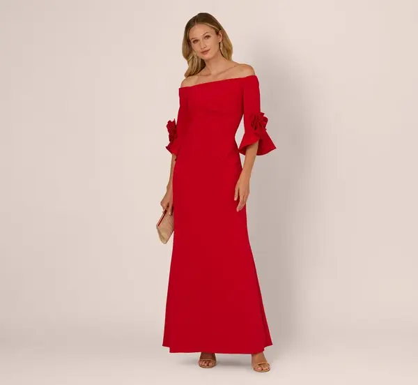 Adrianna Papell Off Shoulder Bell Sleeve Rosette Gown - Super Red
