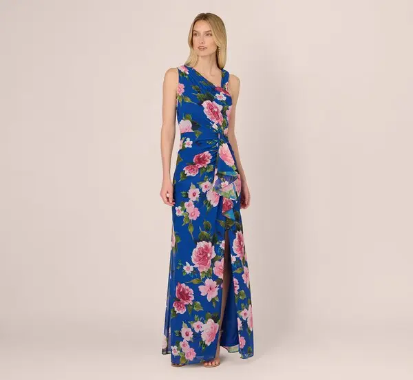 Adrianna Papell Asymmetrical Draped Floral Chiffon Gown - Dark Blue Multi