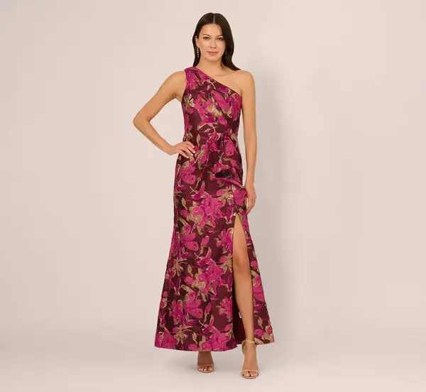 Adrianna Papell One Shoulder Jacquard Dress In Burgundy Gold - Burgundy/gold
