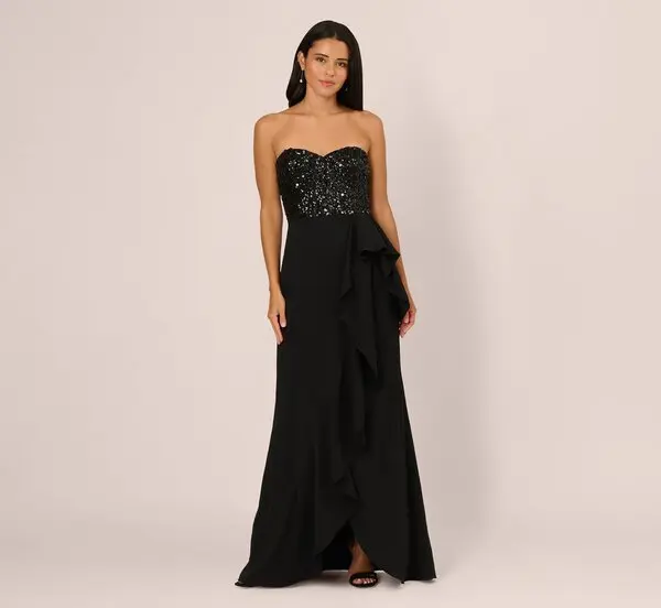 Adrianna Papell Strapless Sequin Ruffle Combo Gown