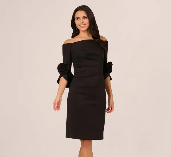 Adrianna Papell Off Shoulder Three Quarter Rosette Sleeve Cocktail Dress - Black