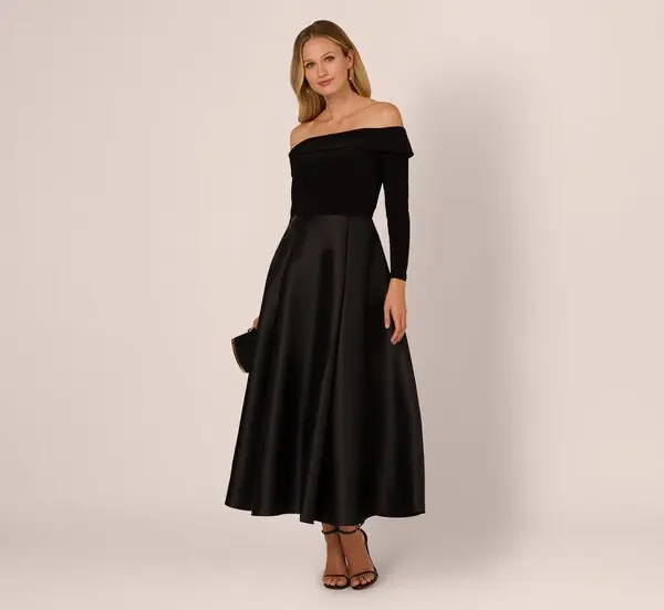Adrianna Papell Off Shoulder Long Sleeve Mikado Combo Gown