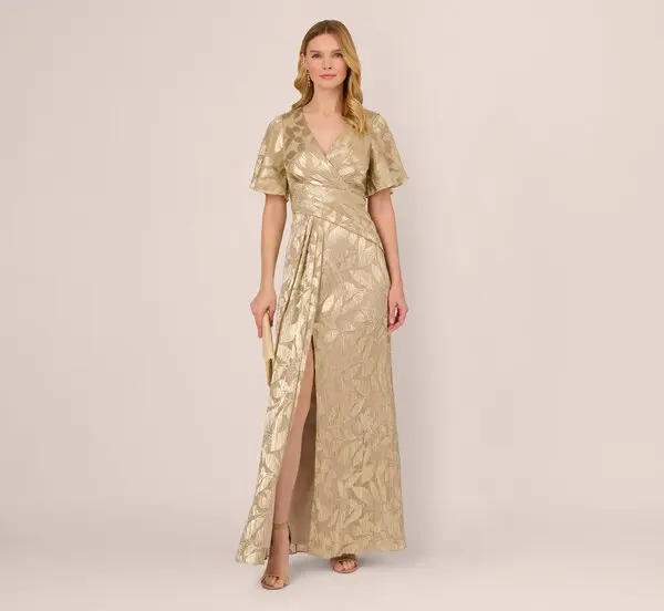Adrianna Papell Foil Leaf Short Sleeve Gown With Draped Details In Champagne Gold - Champagne/gold