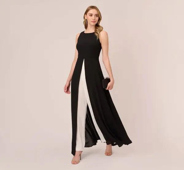 Adrianna Papell Color Block Jumpsuit With Skirt Overlay - Black/ivory