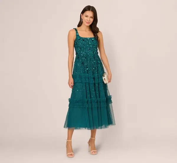 beaded midi dress with sheer ruffled sleeves in frosted sage Amazon.com: Adrianna Papell Women's Beaded Midi Dress