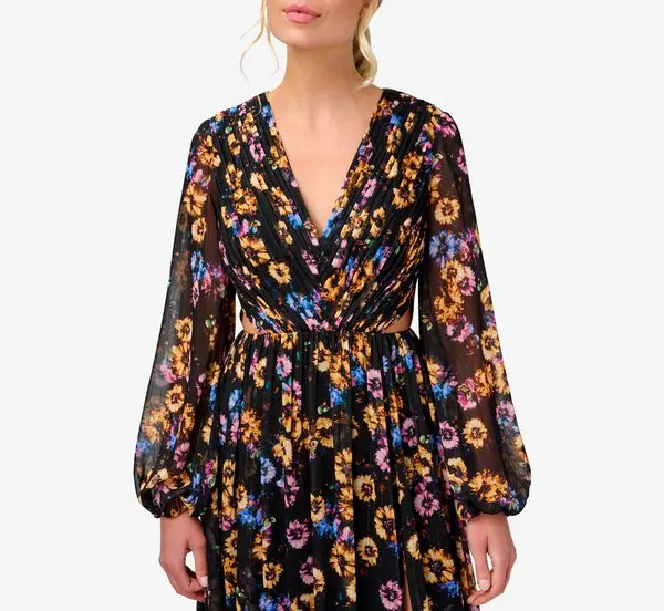 Adrianna Papell Floral-print Pleated Chiffon Long A-line Gown - Black Multi