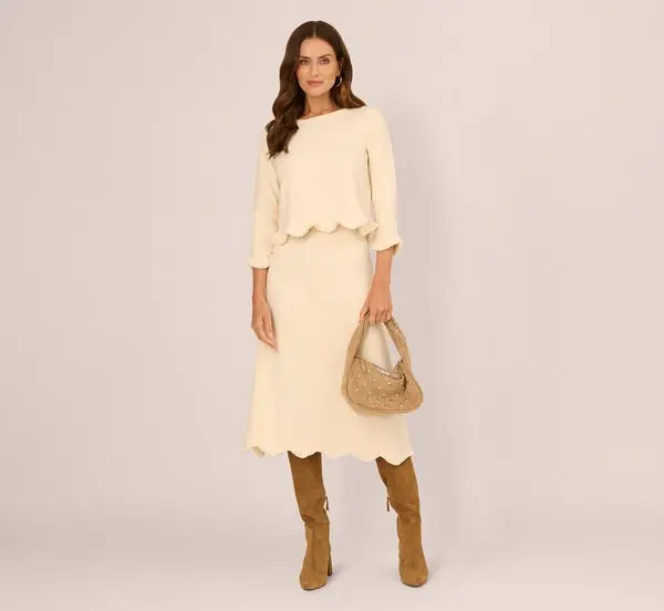 Adrianna Papell Sweater Knit Scalloped A-line Midi Skirt - Cream