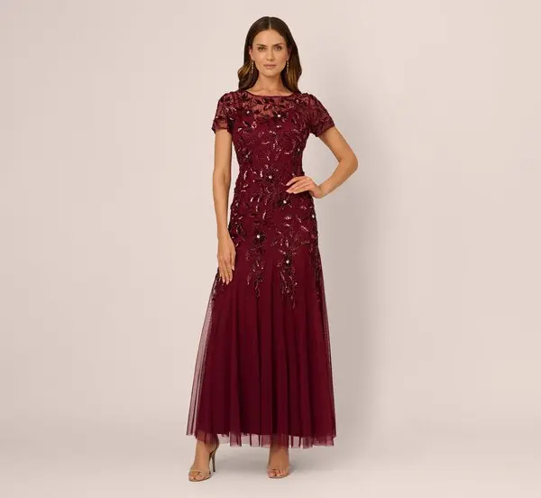 Adrianna Papell Hand Beaded Short Sleeve Floral Godet Gown - Mahogany