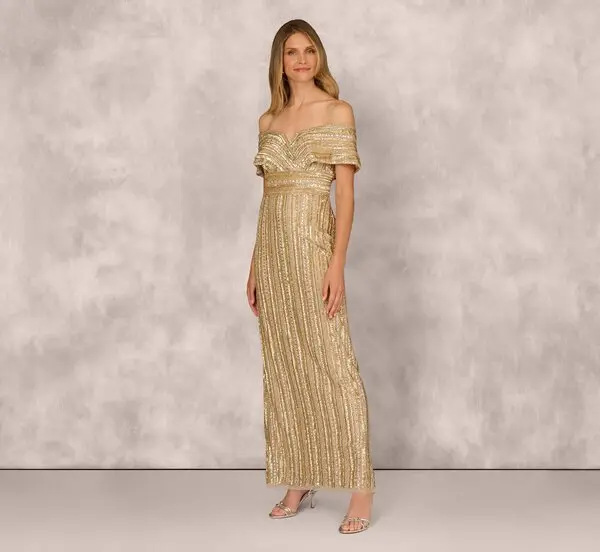 Aidan Mattox Off-the-shoulder Sequin Beaded Gown