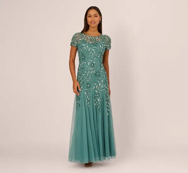 Adrianna Papell Hand Beaded Short Sleeve Floral Godet Gown - Jade