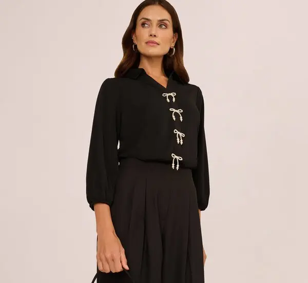 Adrianna Papell Three Quarter Sleeve Pearly Bow Blouse