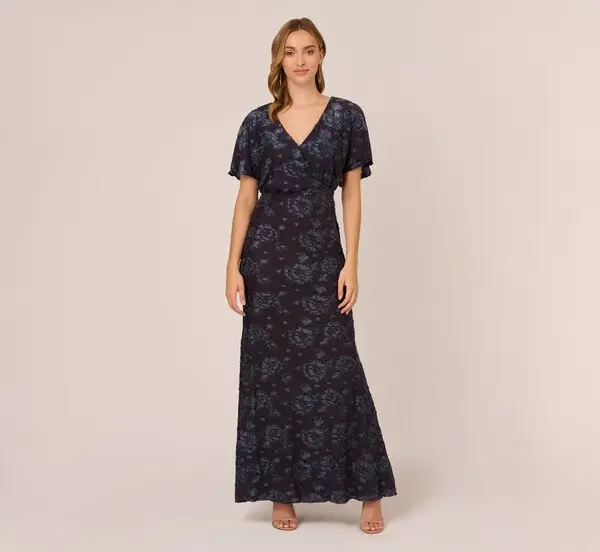 Adrianna Papell Floral Burnout Velvet Long Blouson Gown - Midnight