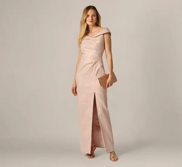 Adrianna Papell Off-the-shoulder Draped Jacquard Gown
