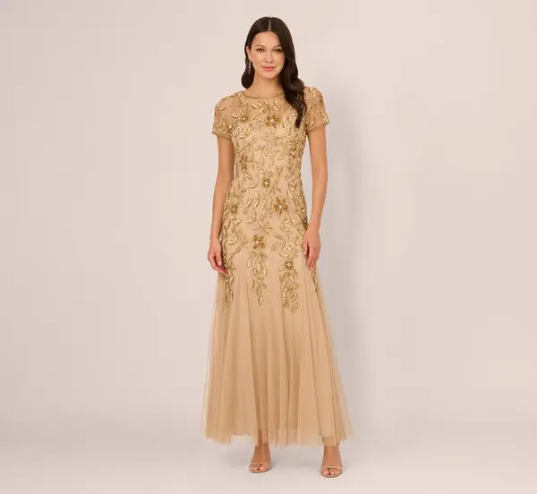 Adrianna Papell Hand Beaded Short Sleeve Floral Godet Gown - Champagne Gold
