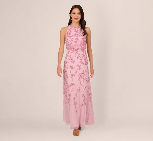Adrianna Papell Sleeveless Blouson Mermaid Gown With Jasmine Beading - Pink Lace