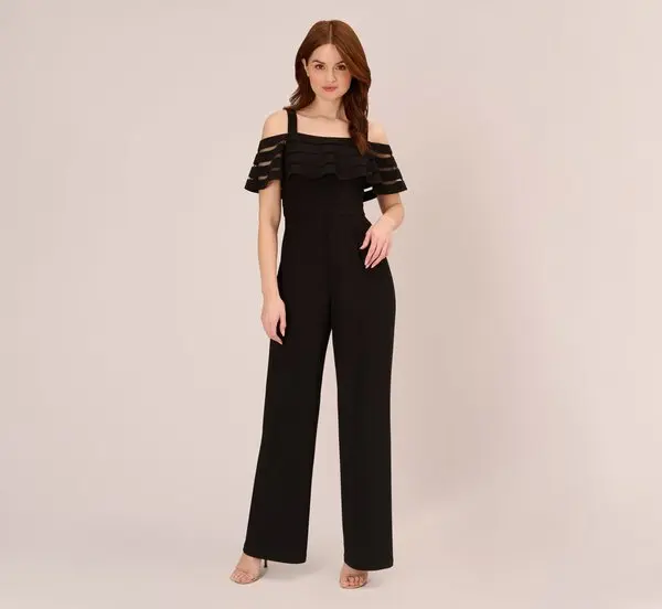 Adrianna Papell Jersey Banded Ruffled Jumpsuit With Cold Shoulder - Black