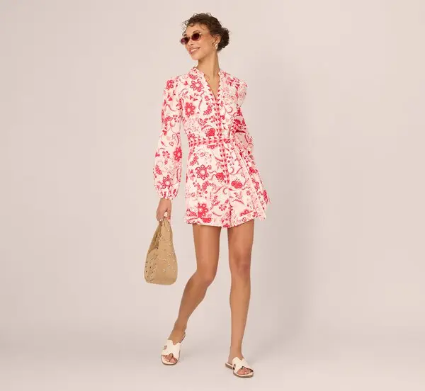 Adrianna Papell Floral Romper With Tie Belt - White/coral Multi
