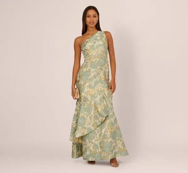 Adrianna Papell One-shoulder Beaded Metallic Floral Gown - Sage Multi